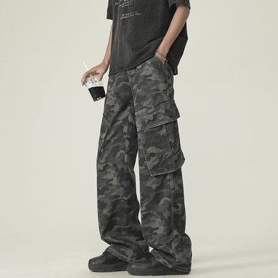 Mmel迷彩工装牛仔裤男春秋宽松潮牌美式复古高街cleanfit直筒长裤