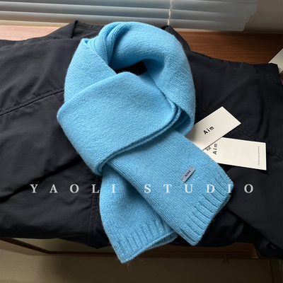 YAOLI冰岛蓝～100羊毛纯色皮标AIM针织围巾女秋冬保暖护颈围脖韩