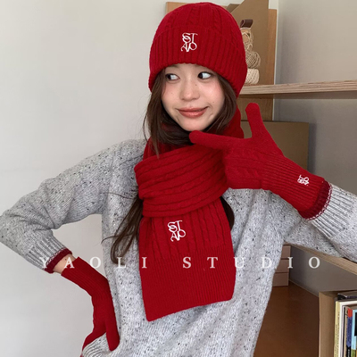 YAOLI刺绣stap三件套～50羊毛围巾手套帽子套装女秋冬保暖毛线帽