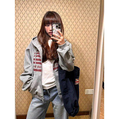 美式复古连帽条纹宽松卫衣女春秋