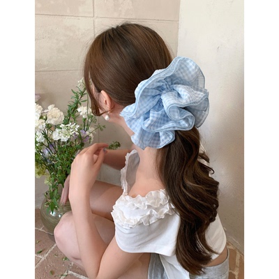 Busan韩系清新温柔超大朵泡泡褶皱格子大肠发圈新款马尾发绳头绳