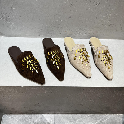 乐魔真皮铆钉平底半拖包头拖鞋潮