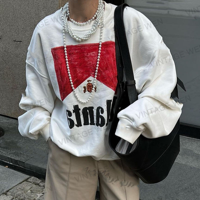 Vintage Wen美式复古白色简约宽松印花休闲宽松个性潮圆领卫衣女