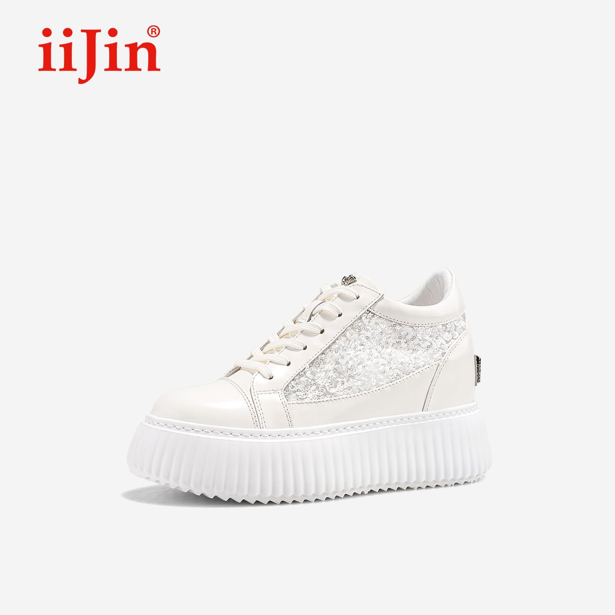 【明星同款】iiJin艾今9cm超轻厚底内增高网纱亮片小白鞋女254GVA