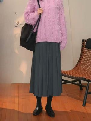 芮时 可机洗60支羊毛知识分子风A字遮肉显瘦百褶半身裙女冬