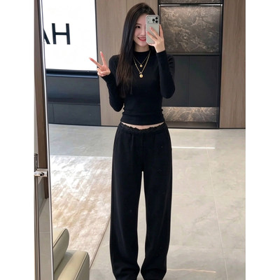高弹圆领软糯蕾丝腰头两件套女