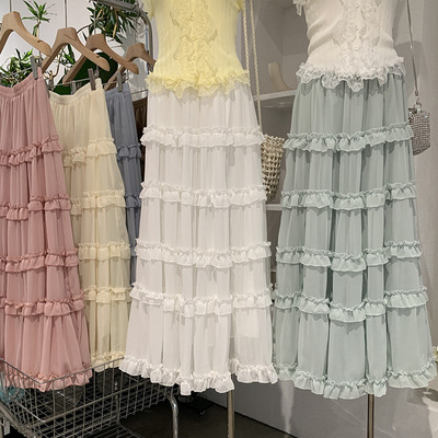 2026夏季新款木耳边拼接多层蛋糕半身裙女高腰A字大摆长裙6761莱