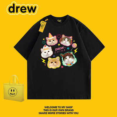 drew美式潮牌猫咪印花短袖T恤