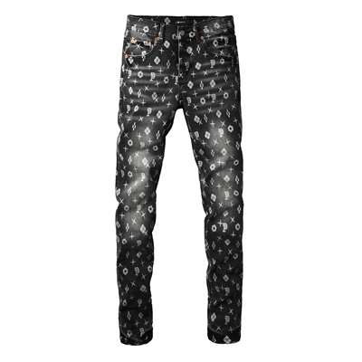 PURPLE JEANS美式潮牌新款黑色水洗磨白独特创意印花修身牛仔裤男