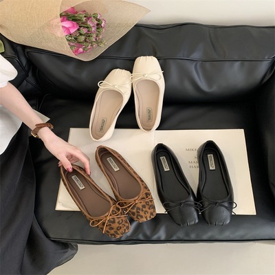 平底韩版方头豹纹单鞋女鞋子2026春夏季蝴蝶结配裙子芭蕾舞晚晚鞋