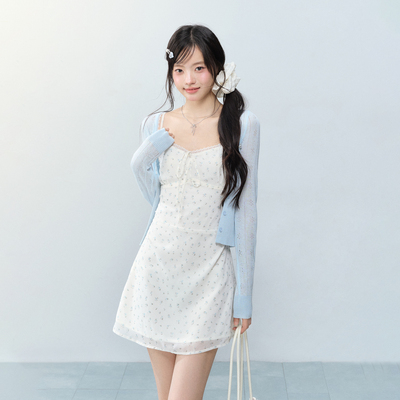 LENNEA白茶小花吊带连衣裙夏季miu系穿搭小个子短裙绝美碎花裙子