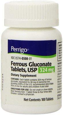 Ferrous Gluconate Green Tablets, 324mg,100ct，3 Pack