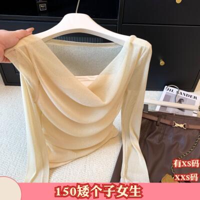秋装155矮个子XXXS150cm女装蕾丝荡领假两件飘带小衫打底衫长袖女