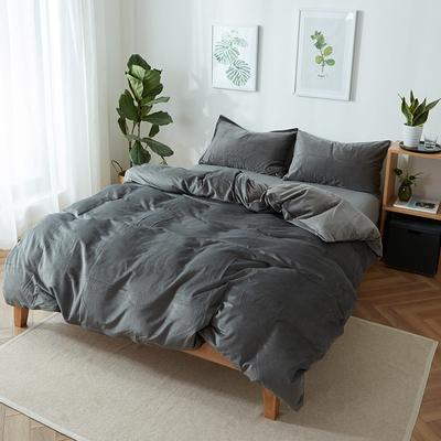 无印天鹅绒四件套良品纯色短毛绒被套法兰绒珊瑚绒床单床笠冬床品