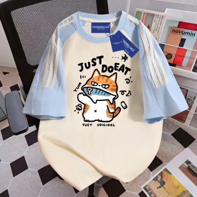 橘猫吞鱼美式复古纯棉宽松T恤女