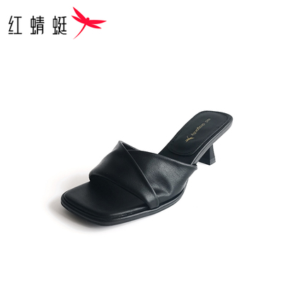 REDDRAGONFLY/红蜻蜓女士优雅方头露趾一字带高跟凉拖鞋WTK22280