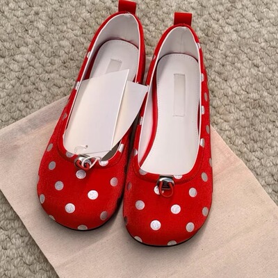 法式波点玛丽珍鞋女芭蕾风春季新款红色圆头一脚蹬内增高浅口单鞋