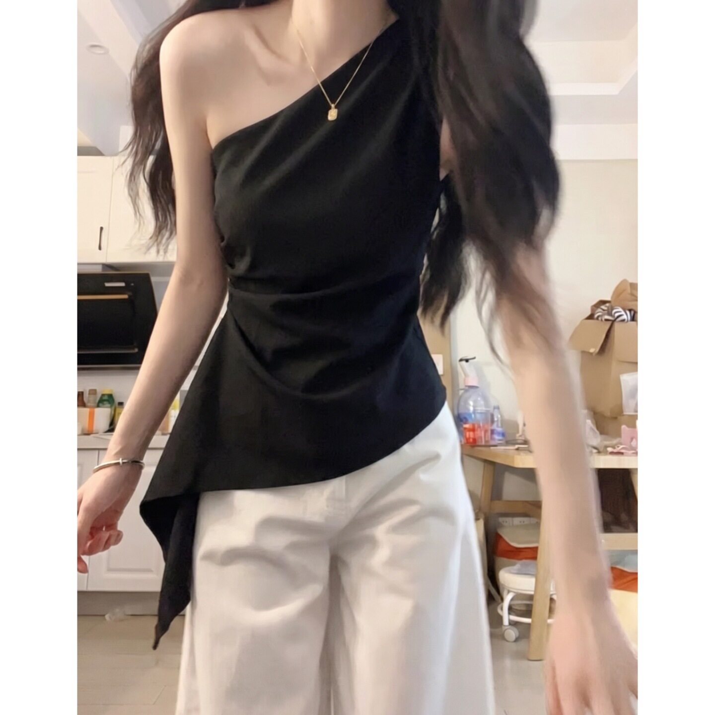 ZY76ZM【原版面料】斜肩吊带不规则上衣女夏季小众高级感潮
