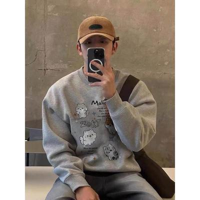 美式加绒灰色无帽卫衣男款秋冬季重磅加厚潮流高级感卡通长袖上衣