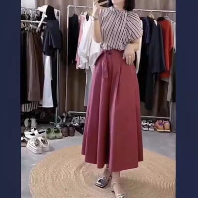 24316大爱美依缘2026夏季新款交叉扭结领条纹上衣高腰裤裙时尚女
