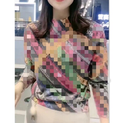 88080大爱美依缘2026冬季新款时尚修身显瘦T恤半高领印花烫钻上衣