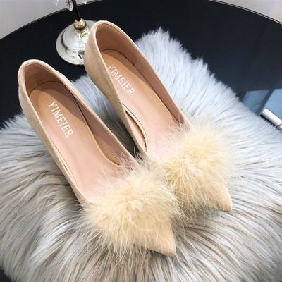 裸色毛毛高跟鞋女细跟