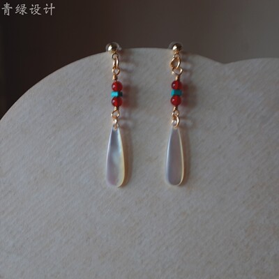 【月色长存】清冷感白月光青绿设计白蝶贝水滴温婉耳钉耳环耳夹