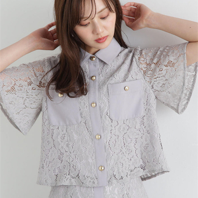 PROPORTION日单新品 重工睫毛蕾丝短袖单排扣衬衫 刺绣花边上衣女