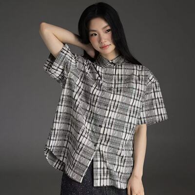 AEEANCEE日单 棉布格纹植绒翻领 立体休闲宽松短袖上衣衬衫女