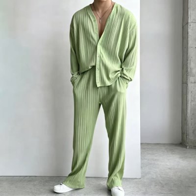 2026新款男士套装通勤休闲家居服长袖长裤慵懒风落肩款针织开衫潮
