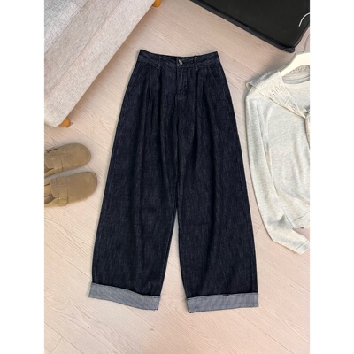 【抓绒】Q71加绒阔腿牛仔裤女秋冬季高腰宽松加厚保暖卷边直筒裤