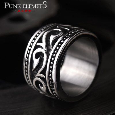 PUNK ELEMENTS朋克风旋转花纹钛钢戒指男复古潮牌指环