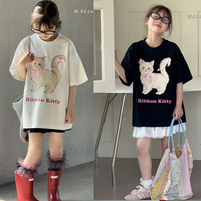 品牌童装女童夏款丝带小猫短袖T