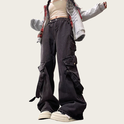 美式vibe复古高街黑色多口袋工装牛仔裤女直筒宽松显瘦阔腿长裤子