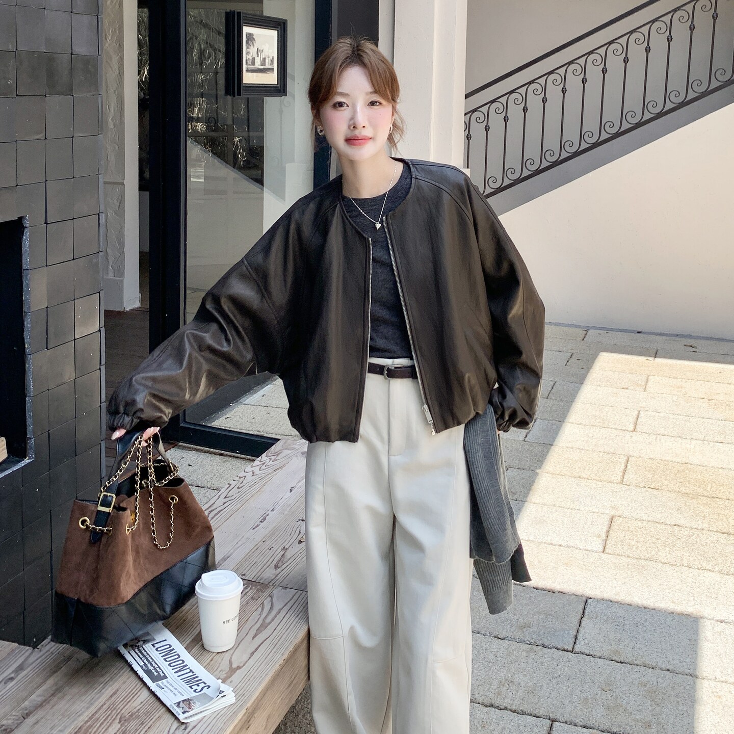 美拉德咖色pu皮衣外套女2026春秋季新款韩版休闲宽松短款夹克上衣