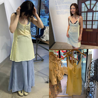 韩国代购viaplain 26夏季 May 系扣 百褶 蕾丝 吊带连衣裙 韩代