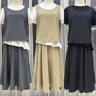 假两件拼色荷叶边短袖连衣裙