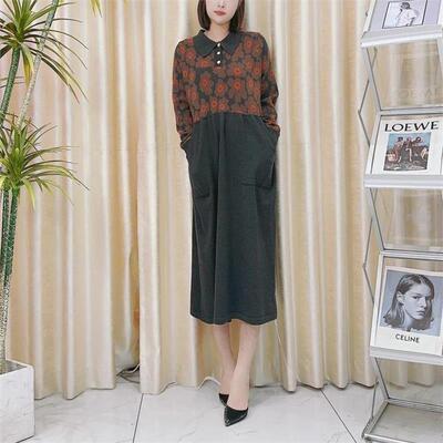 玥玥羊A295灰底咖花设计款气质秋冬轻奢针织连衣裙时尚复古