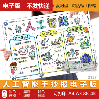 人工智能科技科学未来生活儿手抄报模板电子版黑白线稿打印涂色