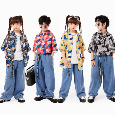 儿童嘻哈街舞花衬衣短袖牛仔裤套装HIPHOP港仔风洋气popping班服
