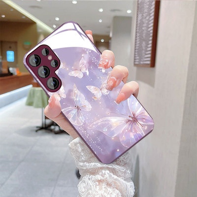 Samsung三星手机壳女适用s23FE蝴蝶玫瑰s24plus玻璃s22ULTRA可爱A55高级感A54全包a14苹果A53外25+加17case56