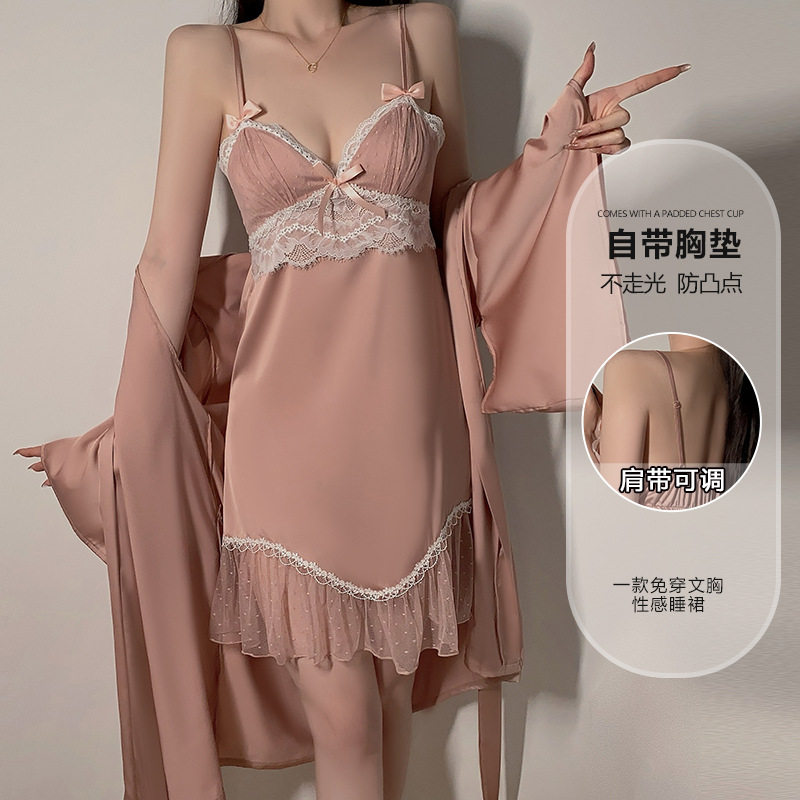 瑰若聚拢加胸垫睡衣纯欲性感低胸女士吊带睡裙外袍家居套装P4203