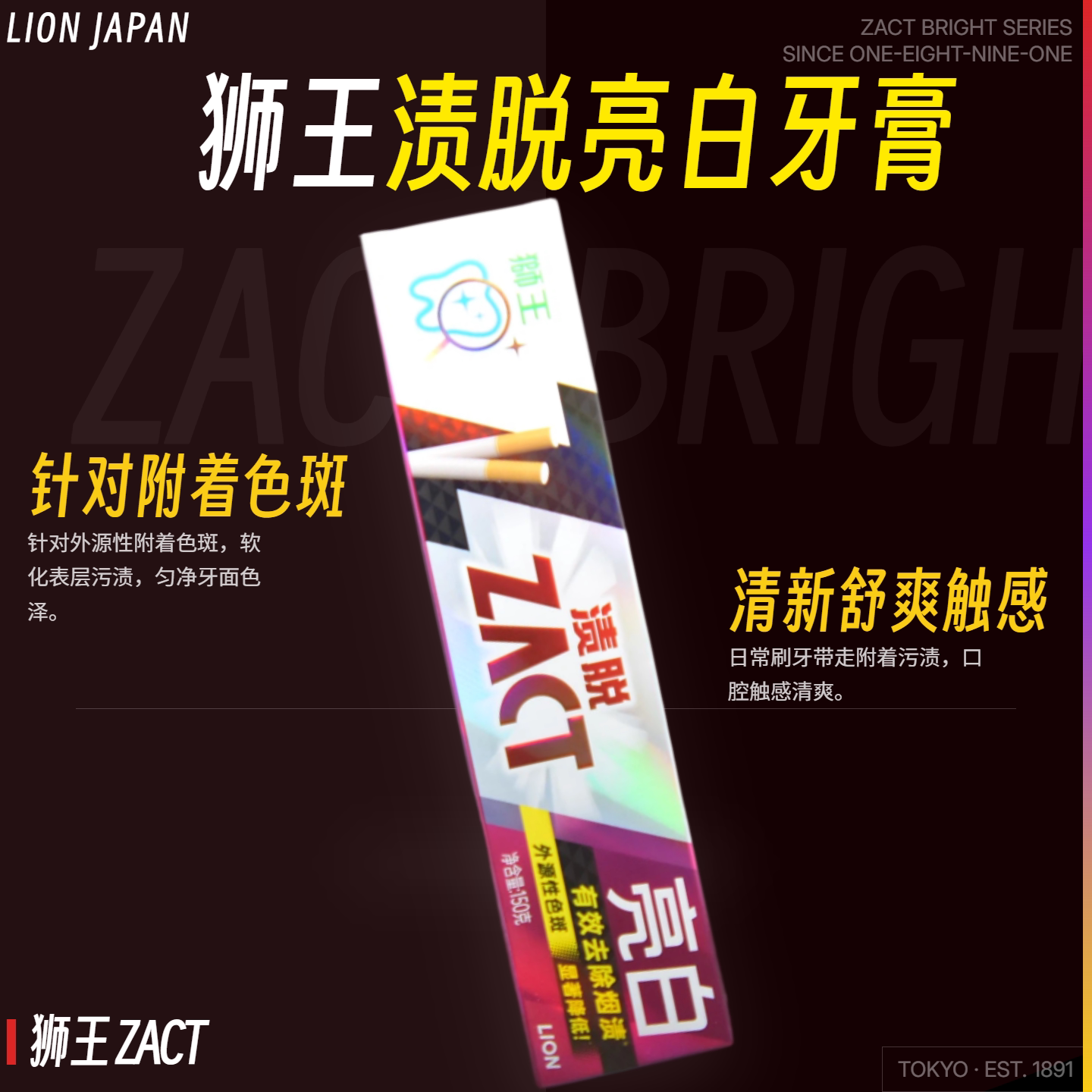 日本LION狮王ZACT渍脱亮白双效牙膏含氟去烟渍薄荷清新口气150g