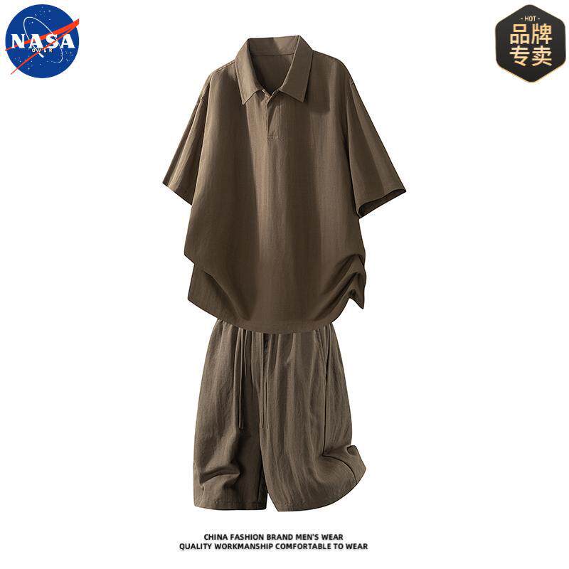 NASA品牌男士夏季简约休闲冰感透气高质量天丝亚麻短袖polo衫套装