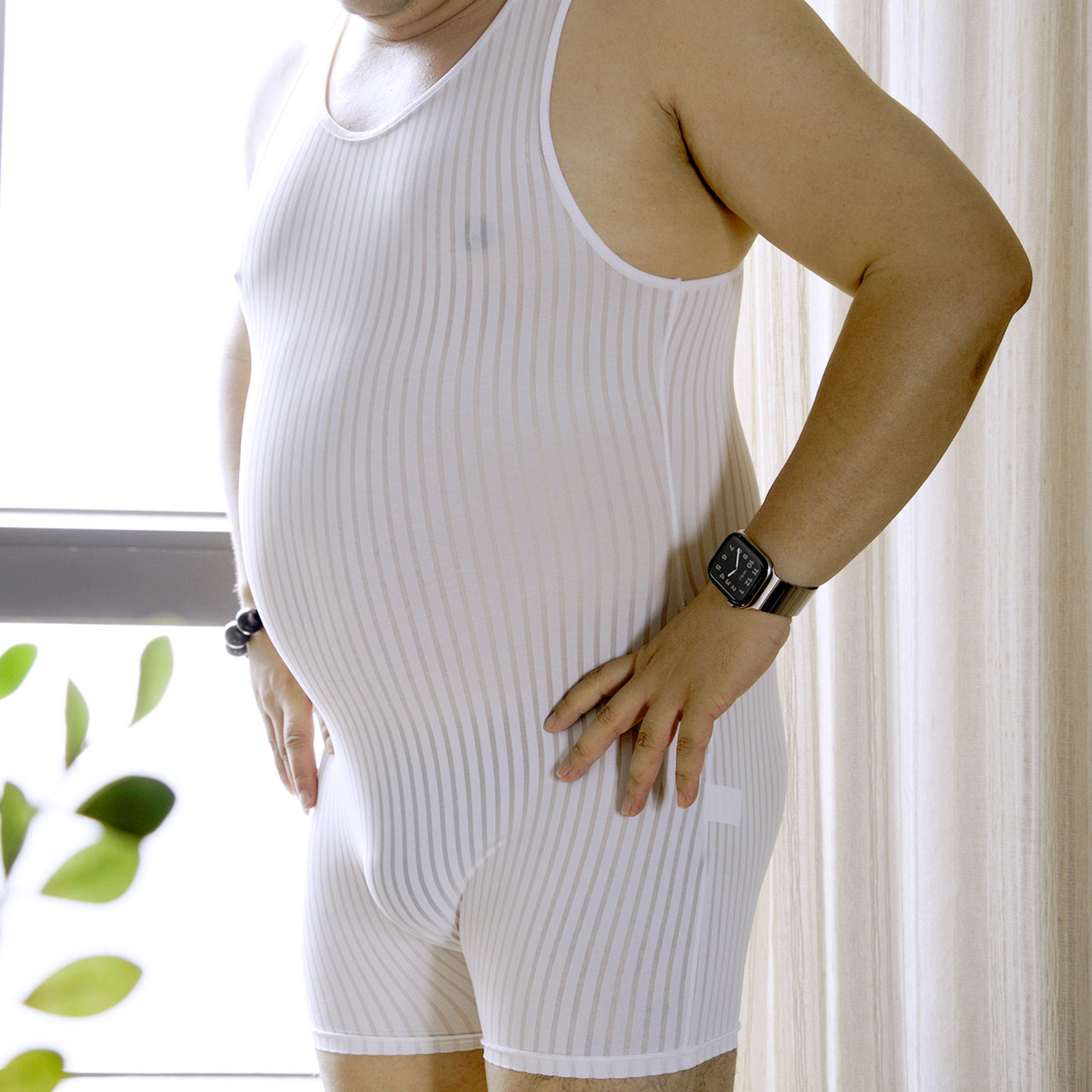 男士条纹连体衣轻薄微透明性感跨带内衣摔跤健身服胖熊吊带背心