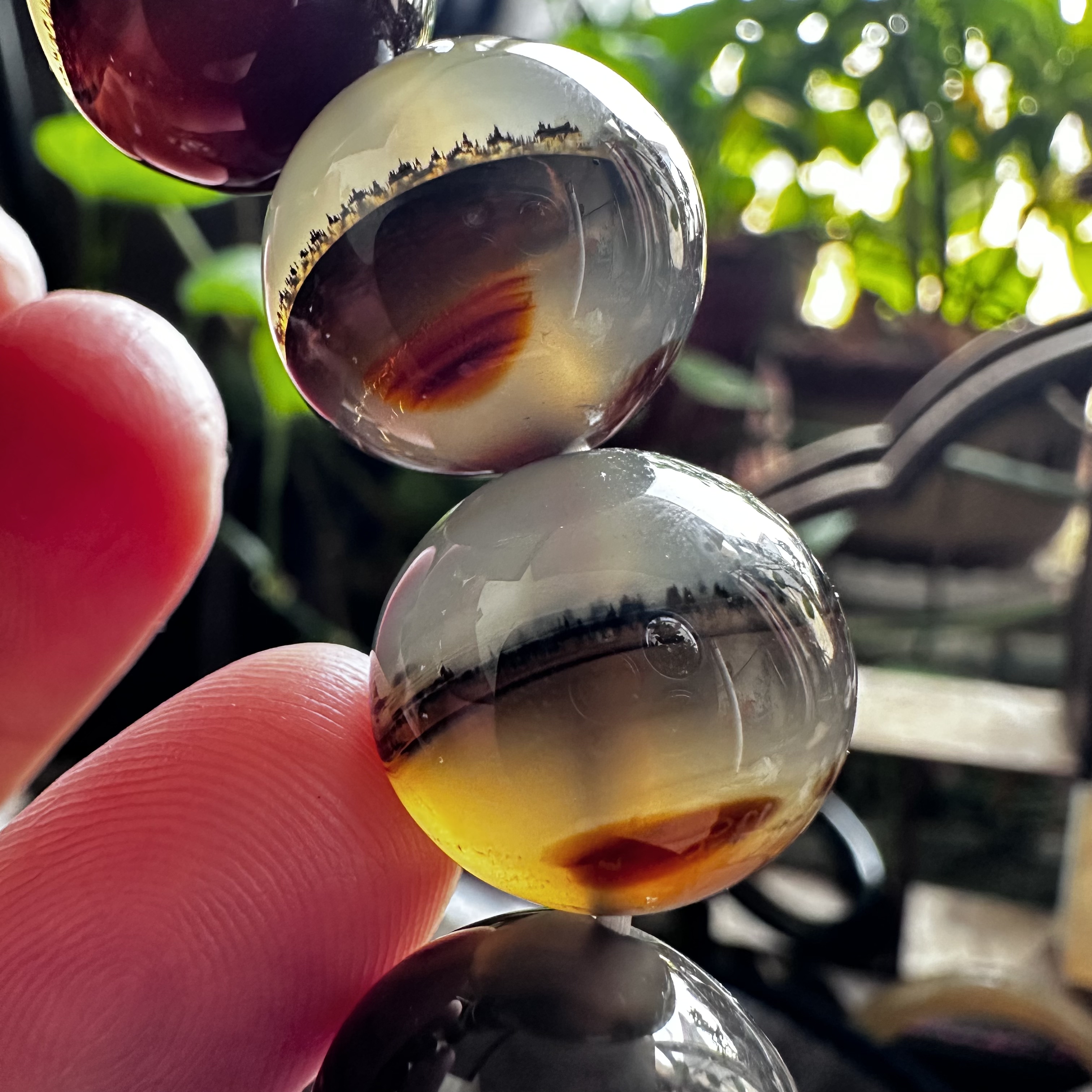 天然巴玉花料水墨刺景山峰古塔景观多彩玛瑙火焰景珠子手串手链
