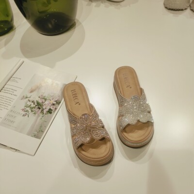 路贝佳女鞋波西米亚厚底外穿度假闪钻凉拖L24375D-09水钻凉鞋