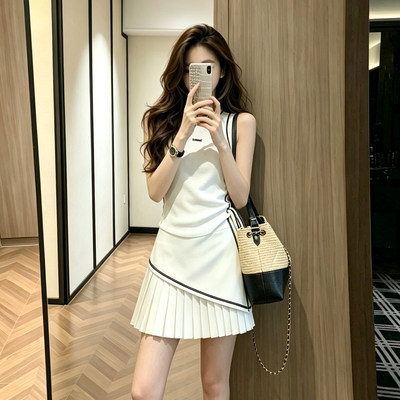 淡人高知穿搭一整套夏日女白色无袖上衣半身裙巨好看绝美两件套装