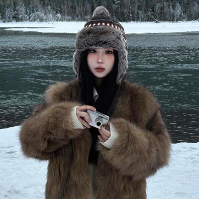 复古新疆禾木雪乡毛线毛绒雷锋帽女秋冬旅游保暖防寒护耳针织帽子