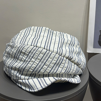 大头围复古条纹褶皱贝雷帽女春夏防晒小众不规则显脸小画家帽子潮